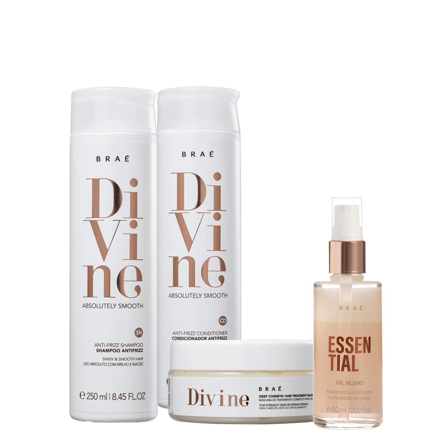 Kit Brae Divine Shampoo Condicionador Mascara e Essential Oil Blend (4 produtos) ÚNICO