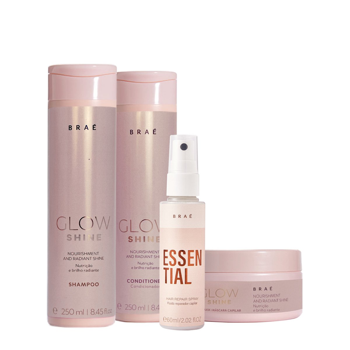 Kit Brae Glow Shine Shampoo Condicionador Mascara e Mini Essential (4 produtos) ÚNICO