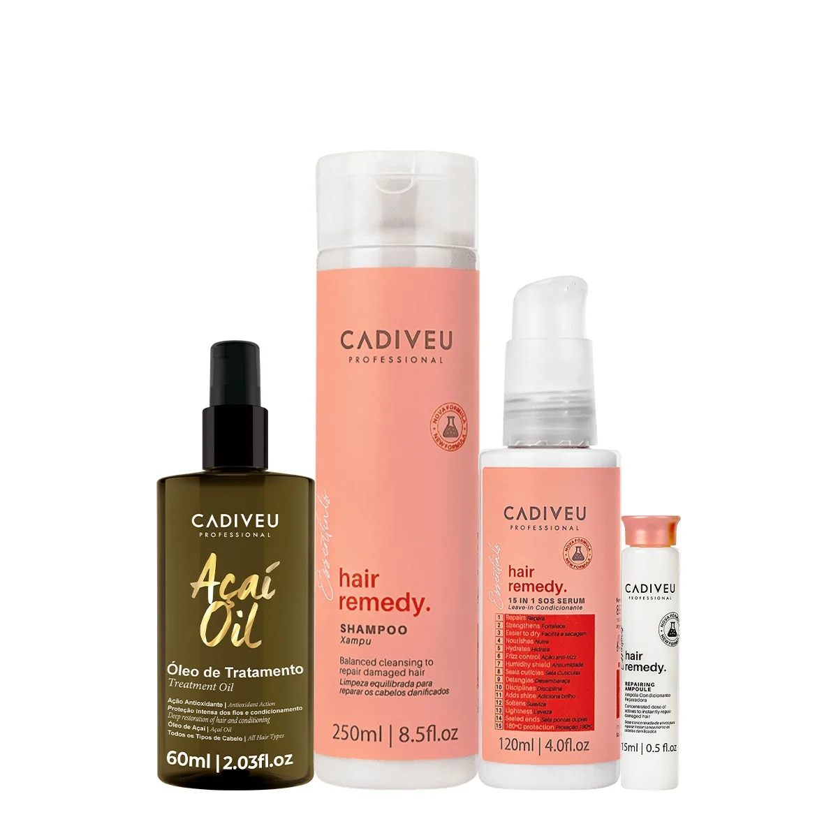 Kit Cadiveu Essentials Hair Remedy Shampoo Leave-in SOS Serum Ampola e ...