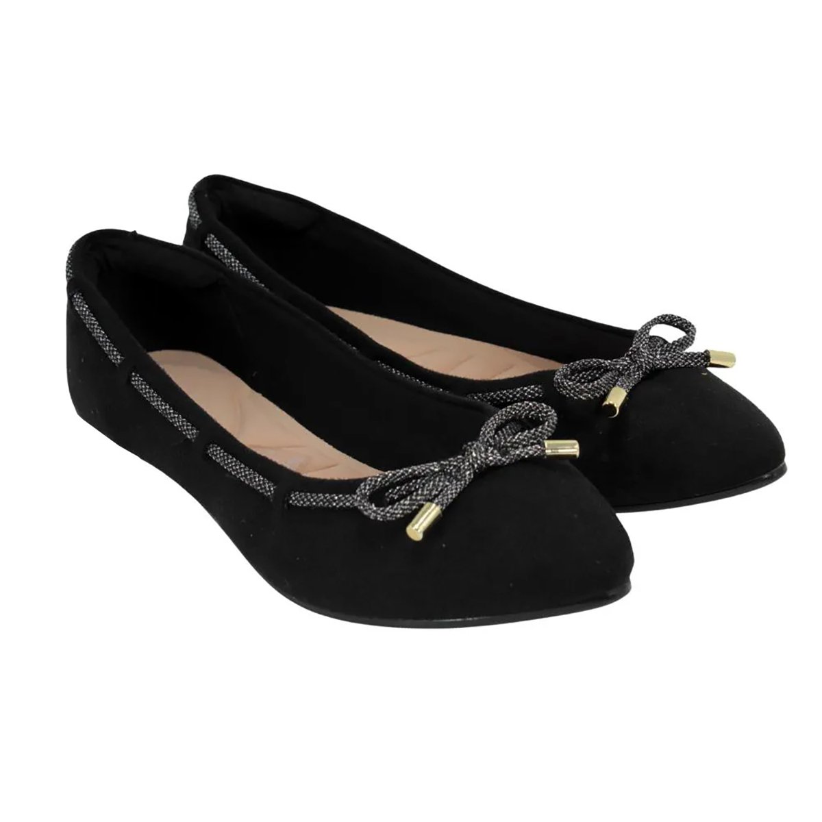 Sapatilha Moleca Bico Fino Laço Camurça - Preto Preto