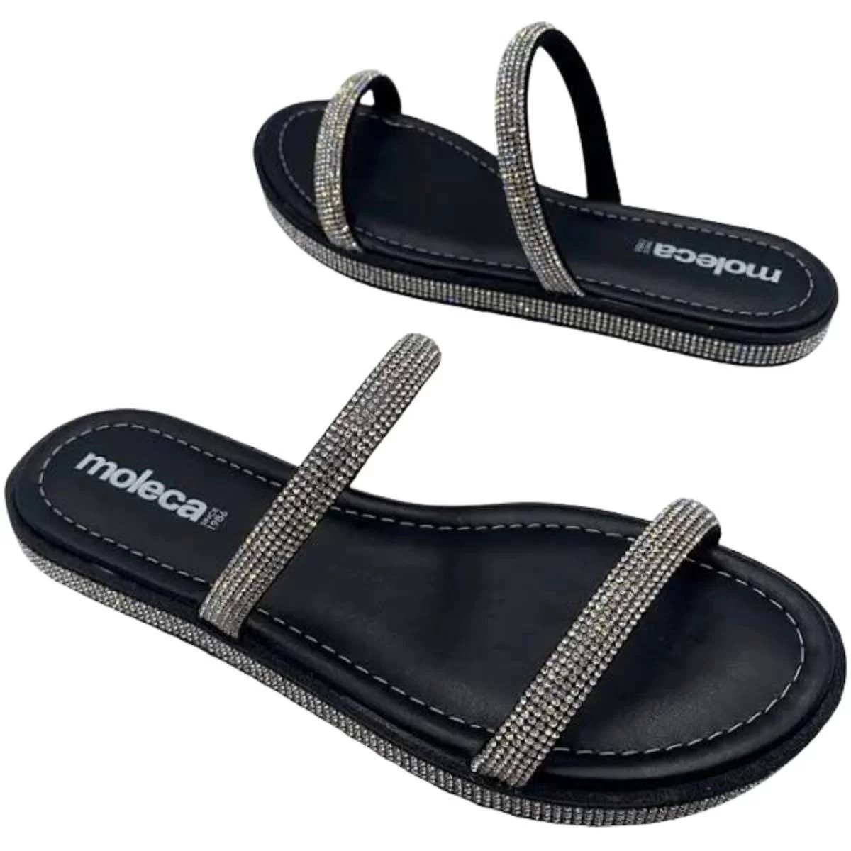 Rasteira Moleca Flat Strass Feminina - Preto Preto