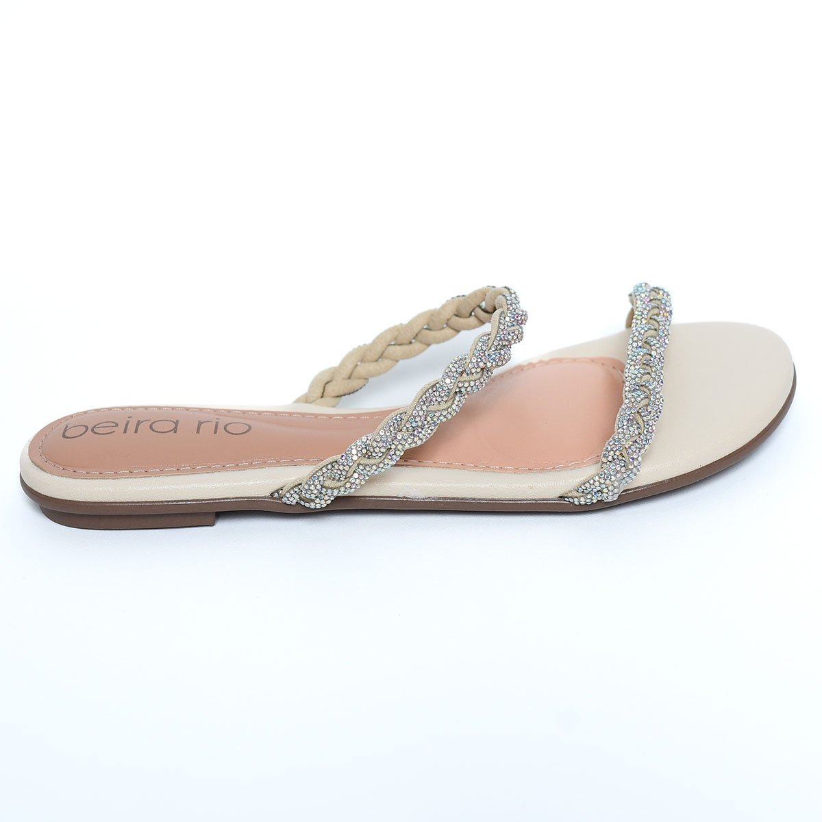 Rasteira Beira Rio Tira Trança Strass Feminina - Creme Branco