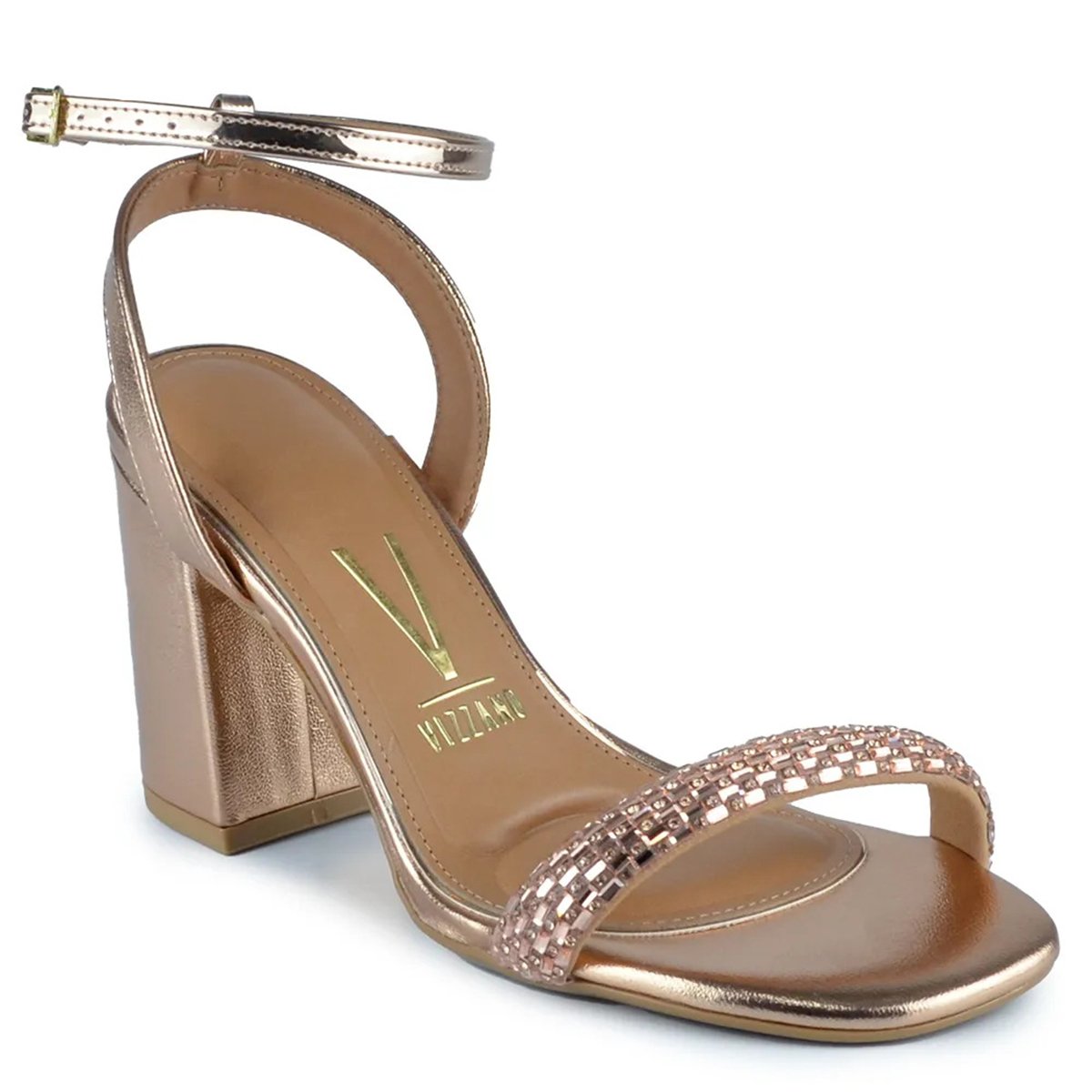Sandália Vizzano Metalizada Strass Salto Bloco Feminino Rosa