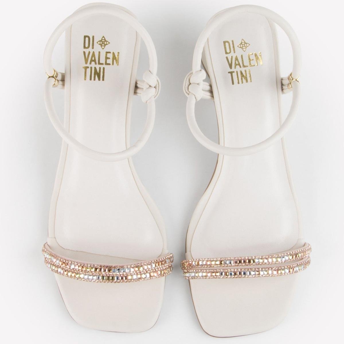 Sandália Di Valentini Ava Tiras Strass Salto Bloco - Off White Branco