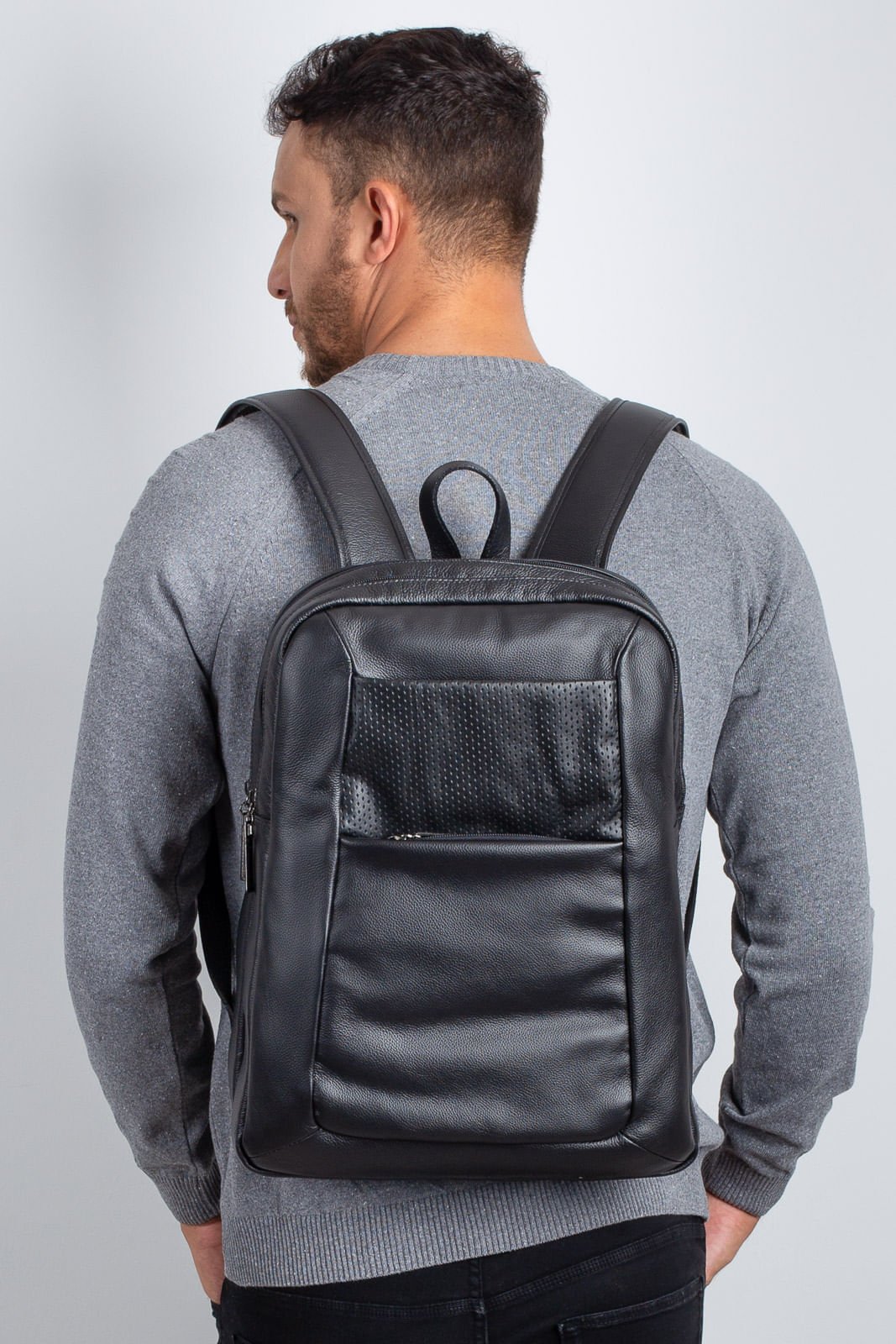 Mochila de couro grande slim Patrick Preto