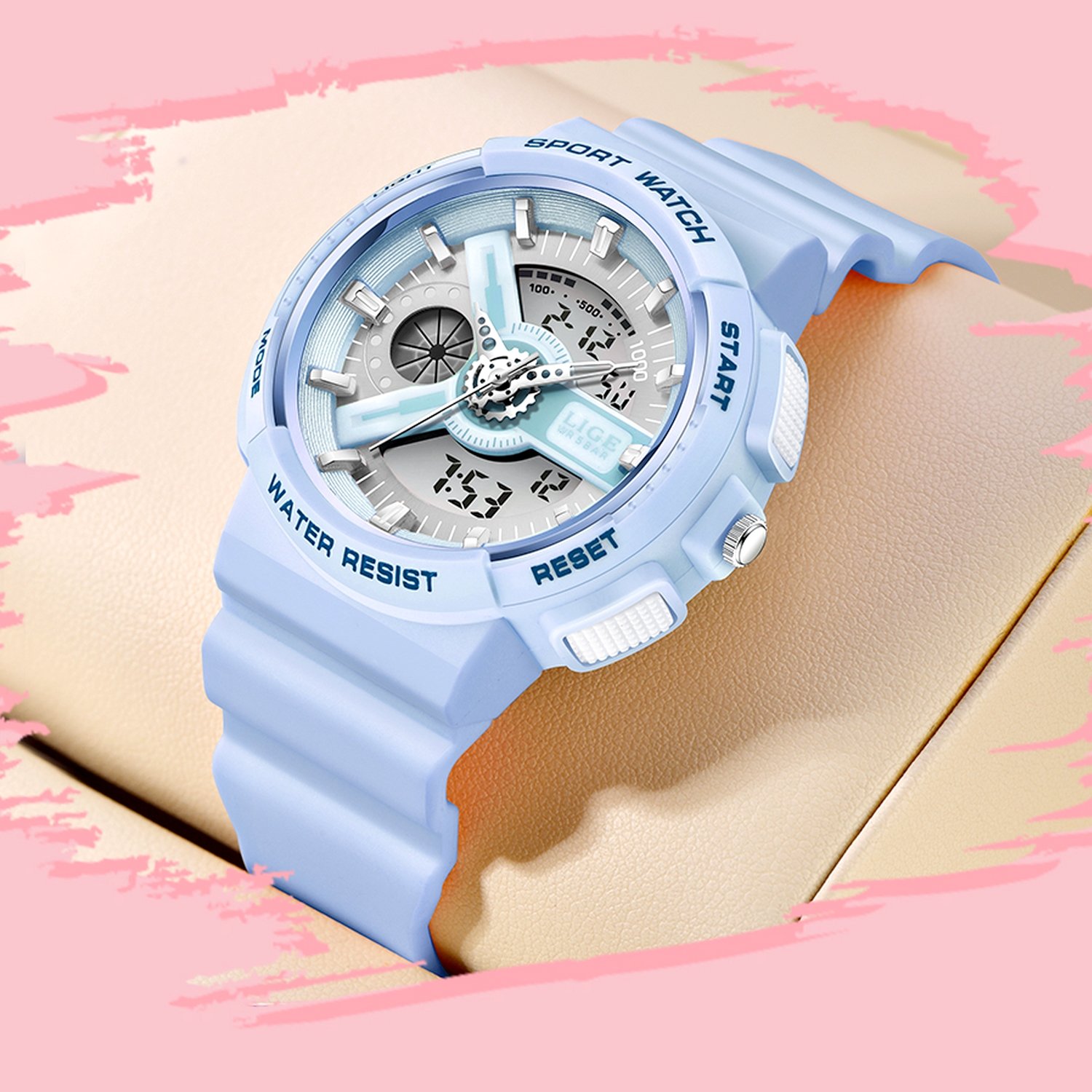 Relogio Digital Feminino Duplo Display Esportivo Movimento de Quartzo Azul