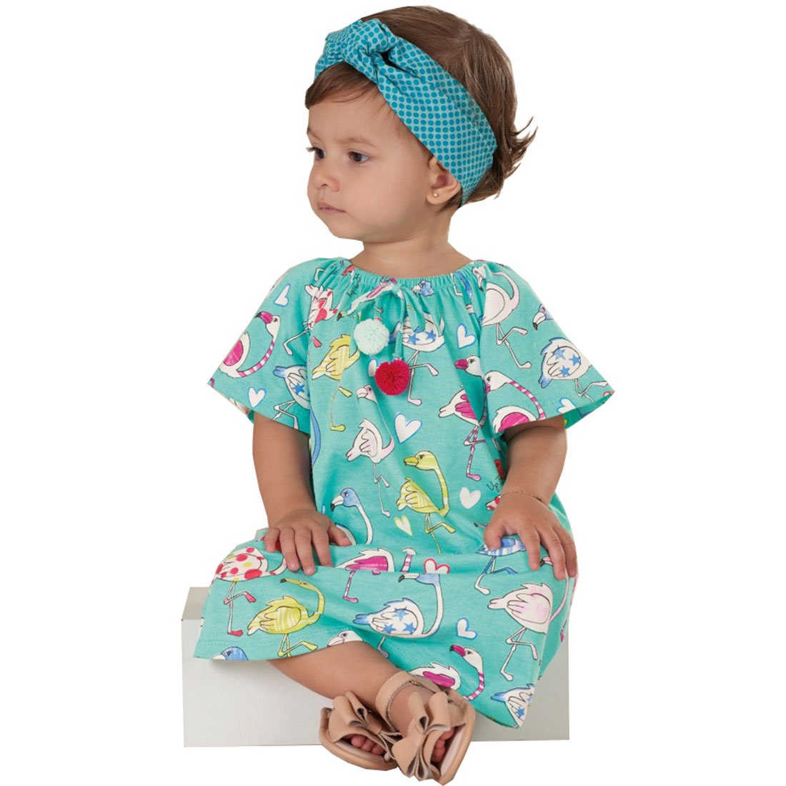 Vestido Infantil Manga Curta Flamingos Turquesa Up Baby Azul