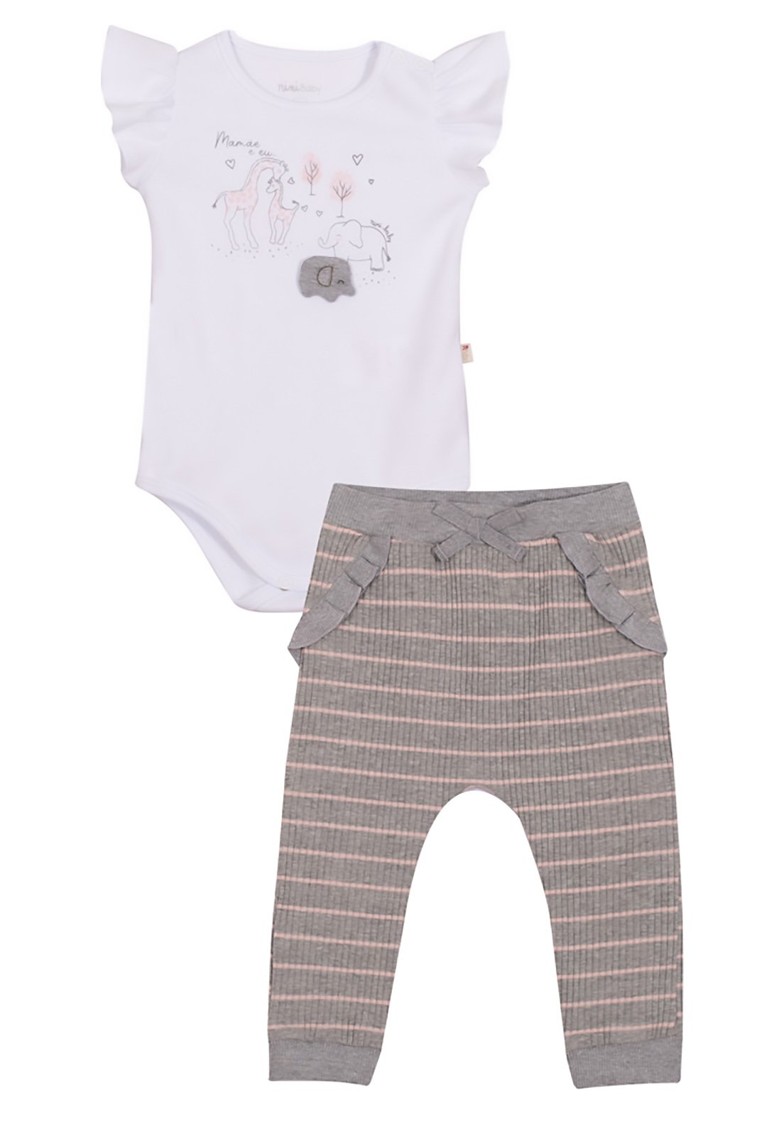 Conjunto Bebê Body e Calça Nini Bambini Elefantinho Cinza e Branco Cinza