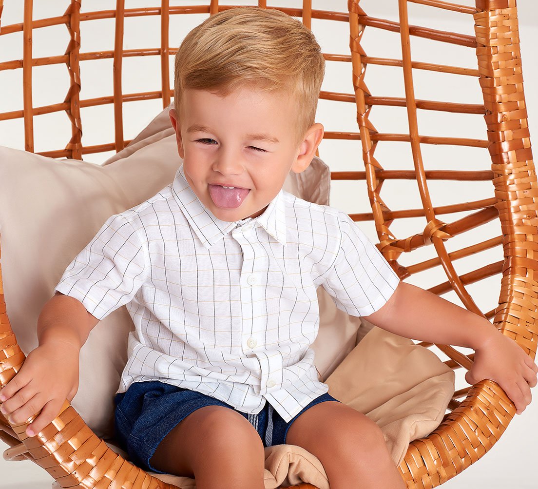 Conjunto Infantil Nini&Bambini Camisa e Bermuda Jeans Xadrez Offwhite ...