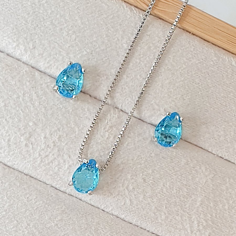 Conjunto Colar Brinco Gotinha Azul Topázio Semijoia Rodio Prata