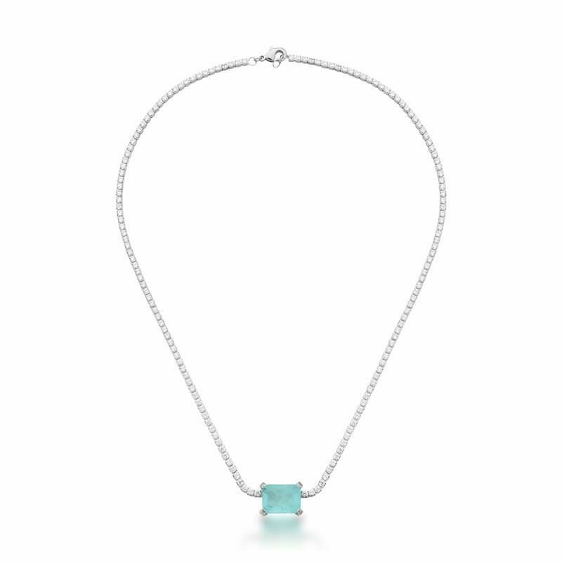 Colar Riviera Pedra Retangular Água Marinha Semijoia Rodio Prata