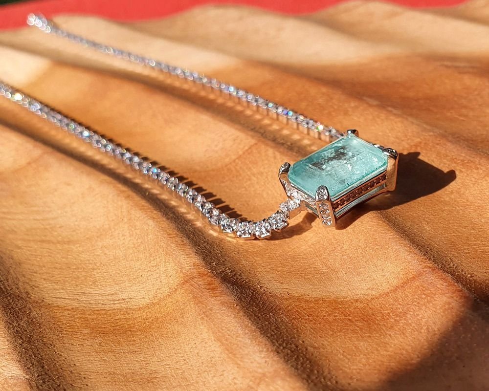 Colar Riviera Pedra Retangular Água Marinha Semijoia Rodio Prata