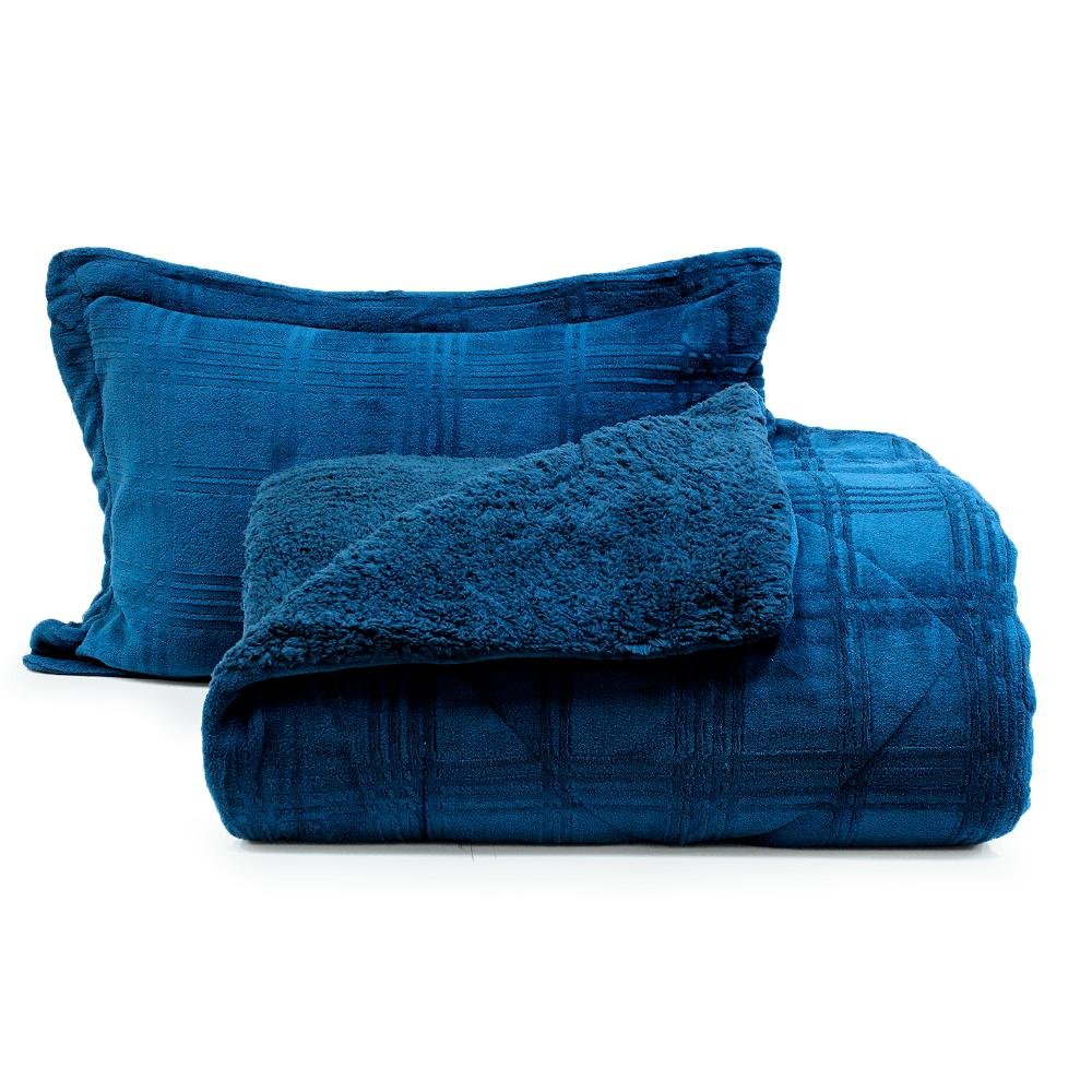 Kit Edredom Sherpa Dupla Face Xadrez Solteiro Azul - ARTEX Azul
