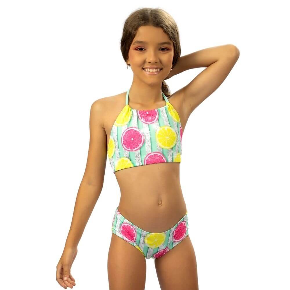 Biquíni Infantil Frente Única Lemon Cecí Moda Praia Verde