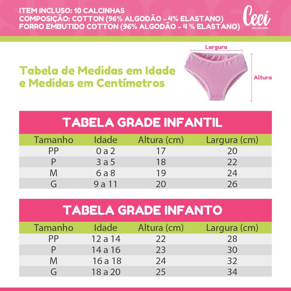 Kit 10 Calcinhas Infantil Cotton Sortidas Lisas Ceci Moda Praia Sortidas