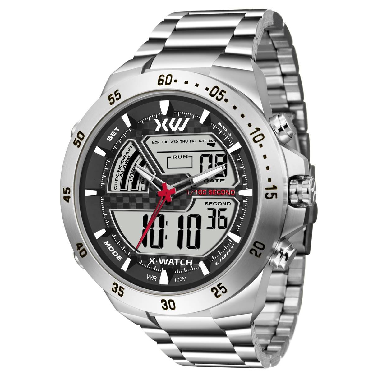 Relógio X-Watch Masculino Ref: Xmssa005w Bxsx Prateado Anadigi Prata