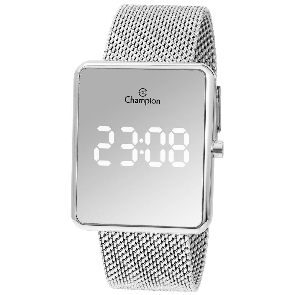 Relógio Champion Feminino Ref: Ch48180q Led Espelhado Retangular Mesh ...