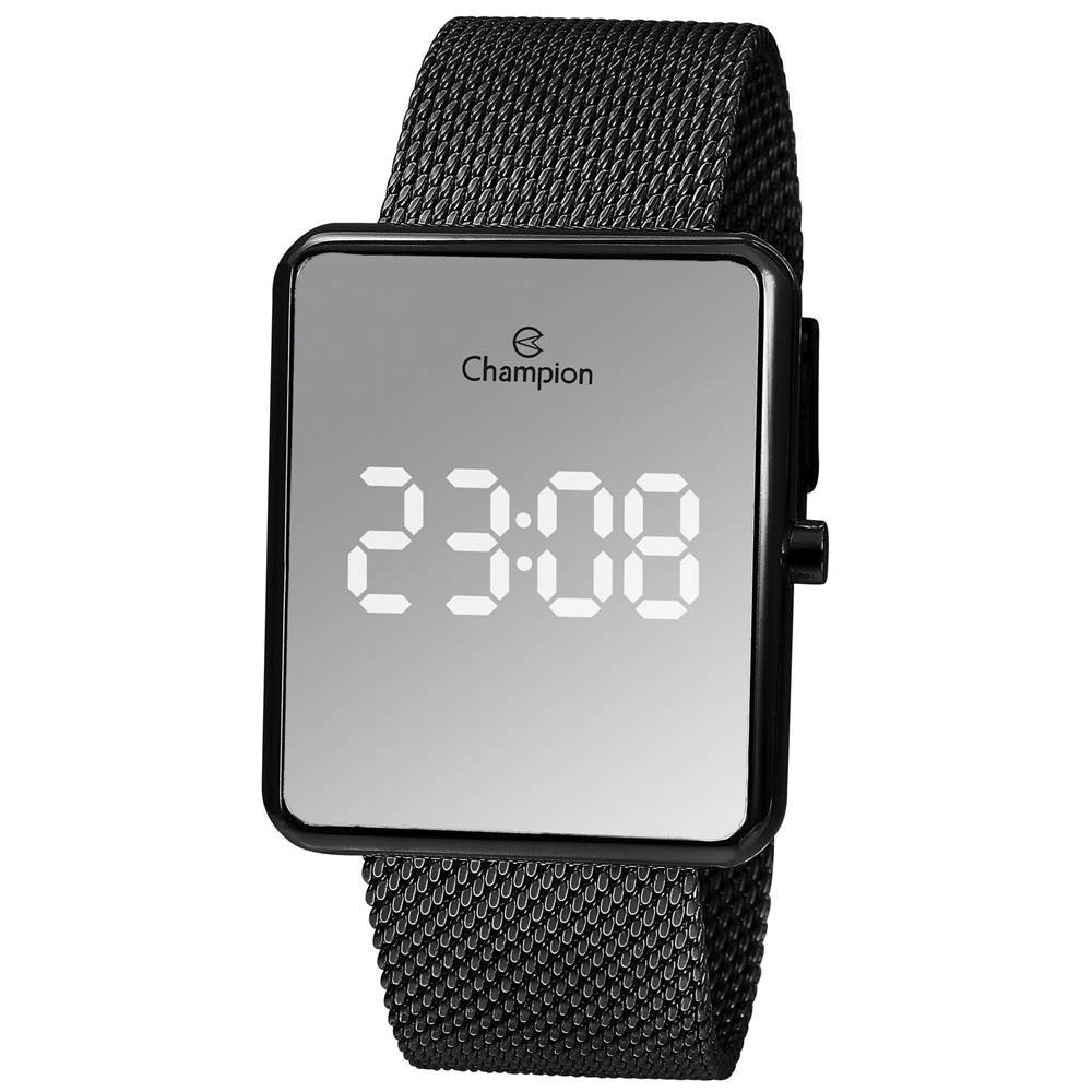 Relógio Champion Feminino Ref: Ch48180k Led Espelhado Retangular Mesh ...