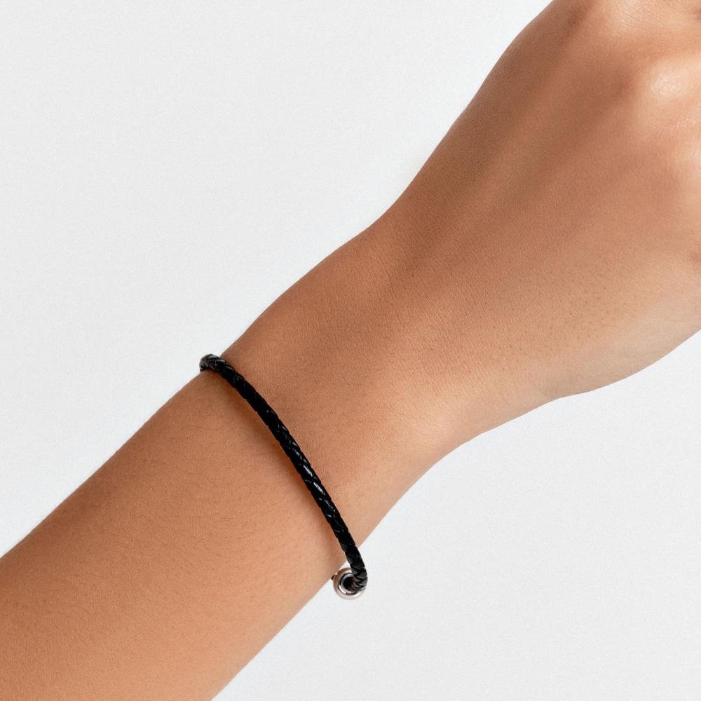Pulseira de Couro Preto e Prata 925 - 19,5 cm Prata