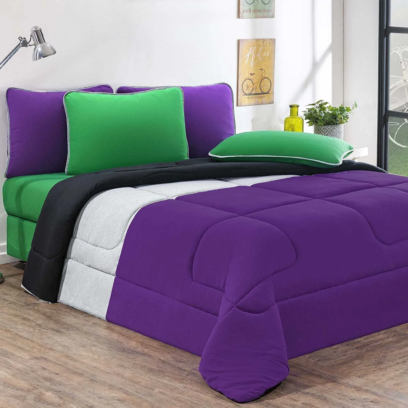 Kit Edredom Malha 100% Algodão Urbano 3 Peças Queen - Roxo/Mescla/Preto ...