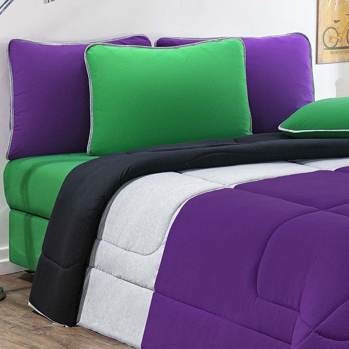Kit Edredom Malha 100% Algodão Urbano 3 Peças Queen - Roxo/Mescla/Preto ...