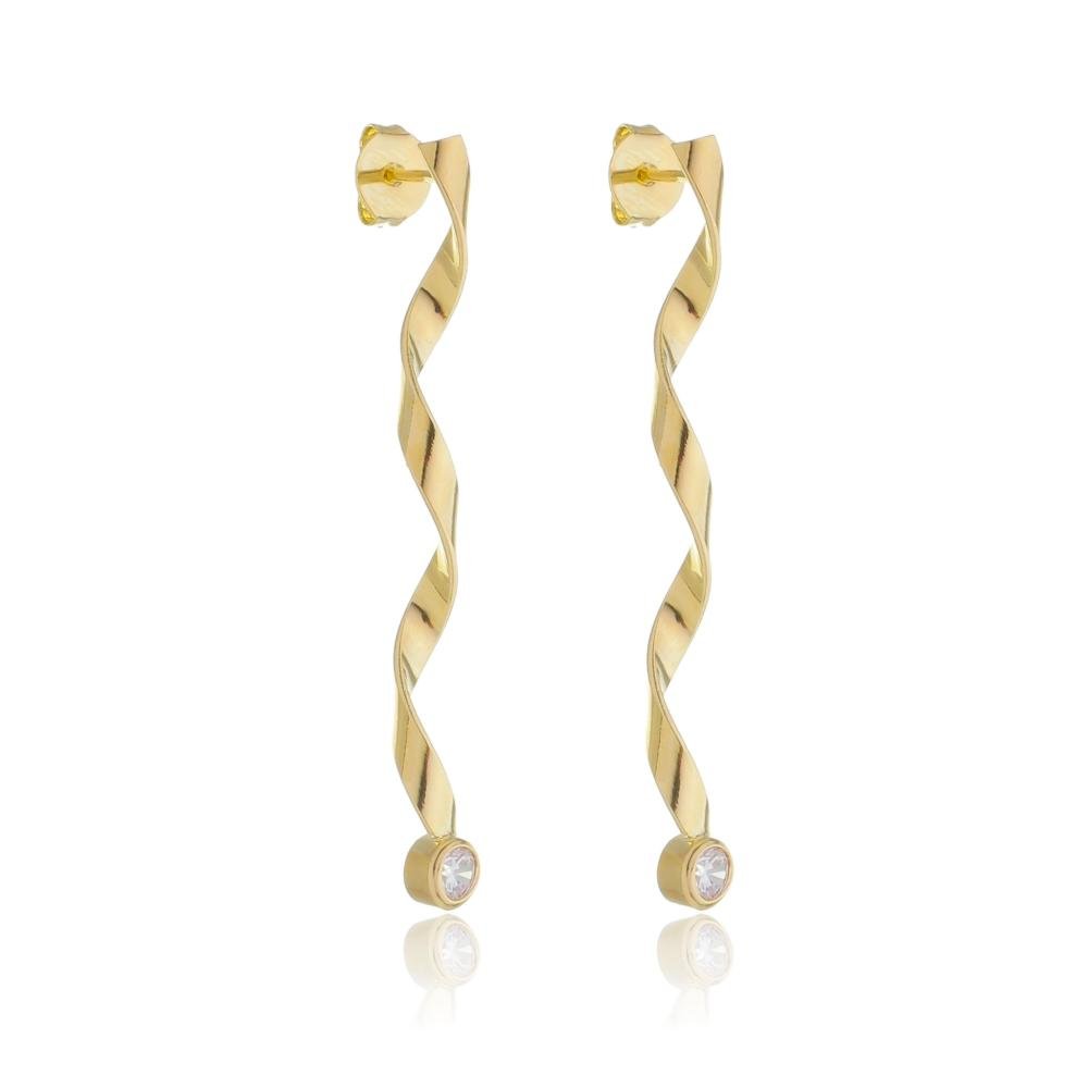 Brinco Fio Torcido Com Zircônia Banhado a Ouro 18k Dourado
