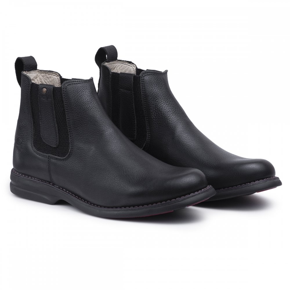 Botina Couro Chelsea Pires Shoes Calce Fácil Bico Redondo Preto