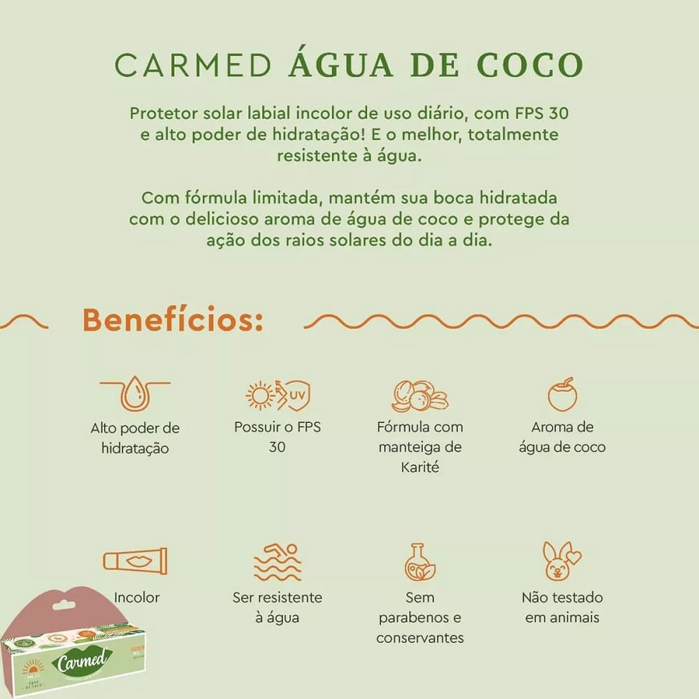 Kit 3 Protetor Labial Carmed Água de Coco FPS30 10g Cada Água de Coco