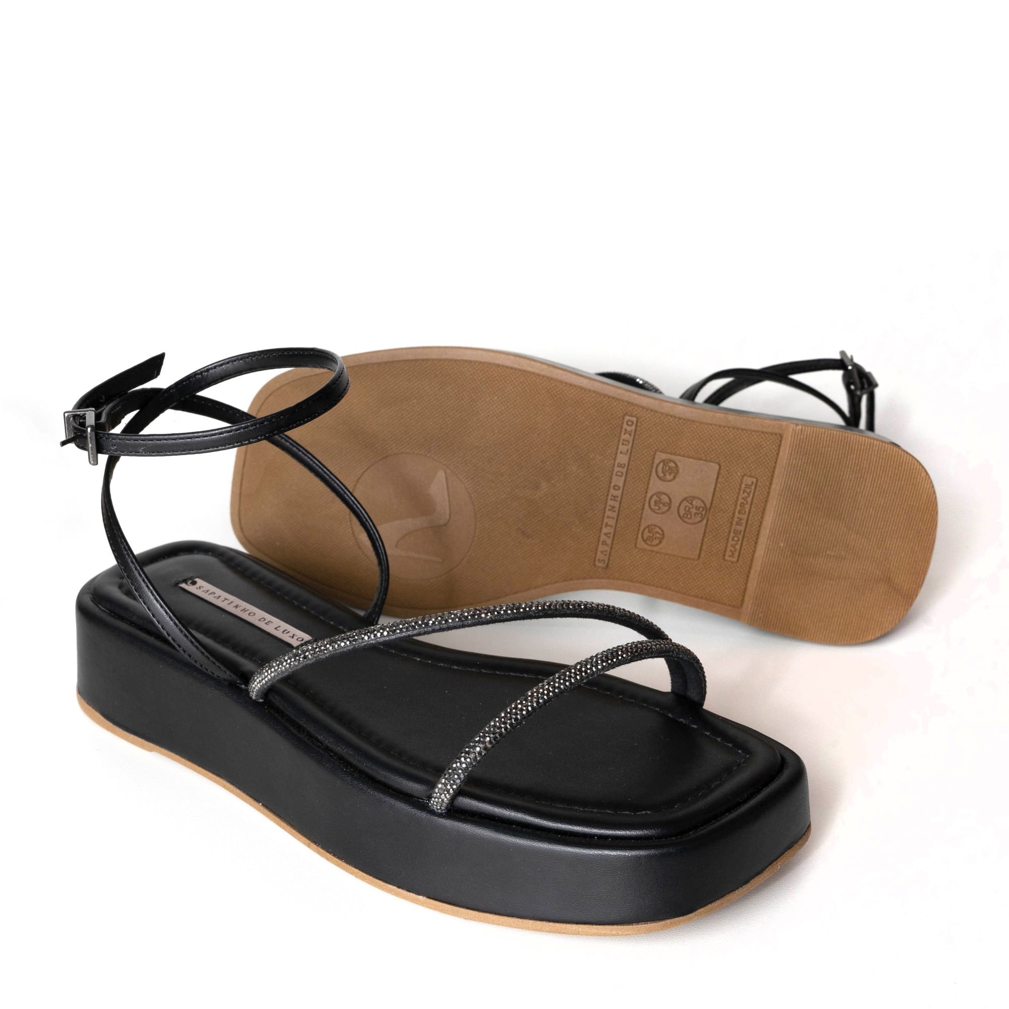 Sandália Preto Flatform com Pedras Mini Cristal e Fivela 9360.37_1 Preto