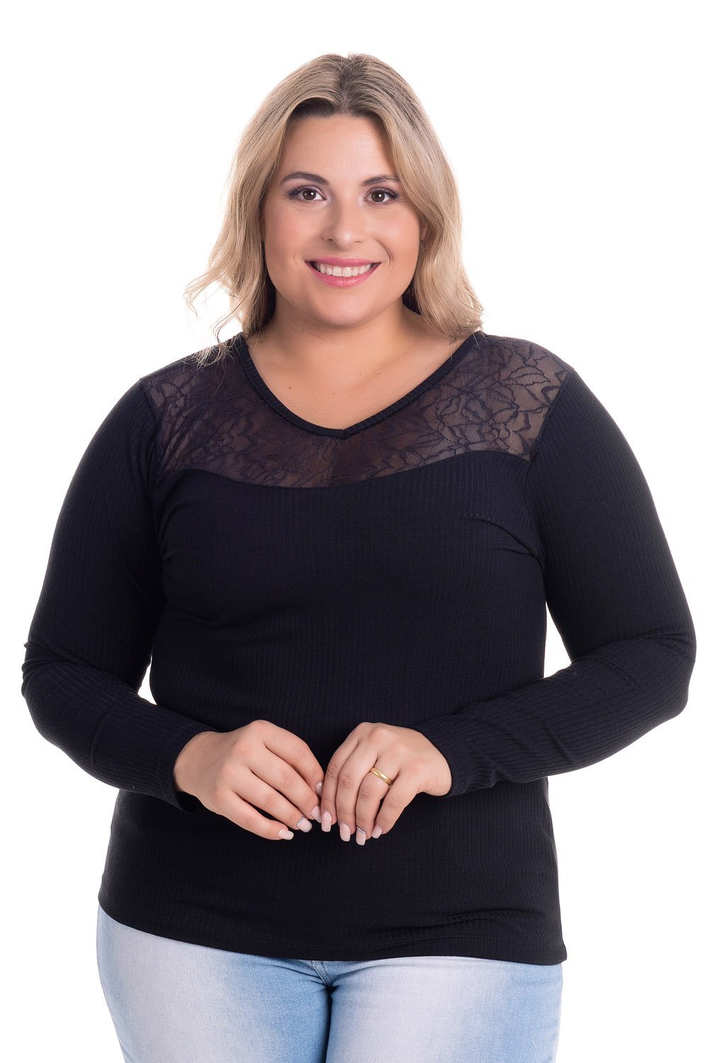 Blusa Feminina Plus Size Manga Longa Canelada Renda - Serena Preto