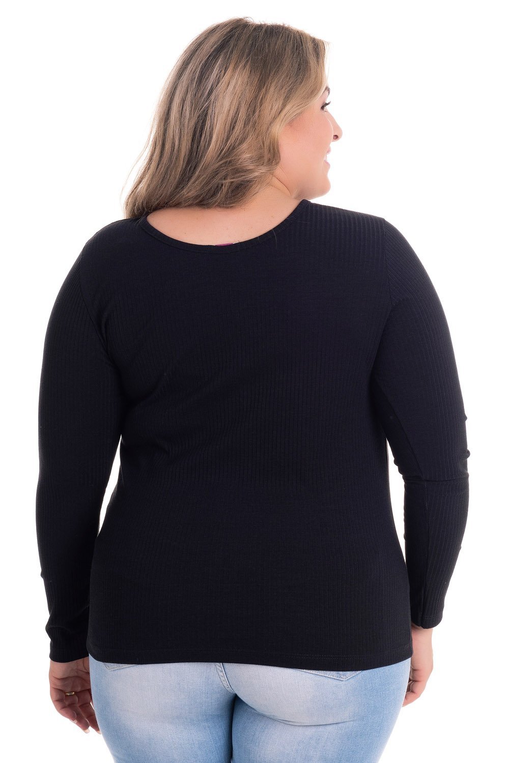 Blusa Feminina Plus Size Manga Longa Canelada Renda - Serena Preto
