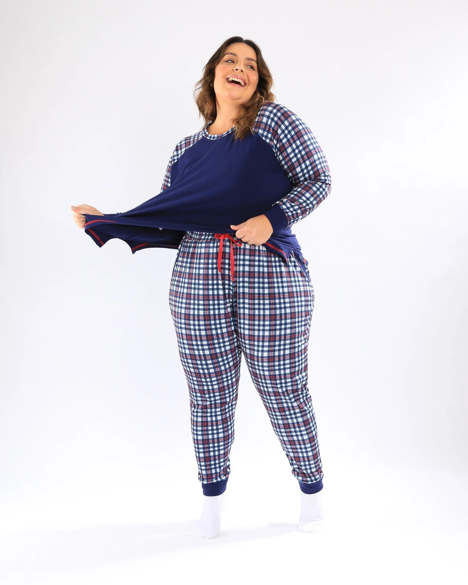 Pijama Longo Nina Plus Size - XADREZ MARINHO Azul