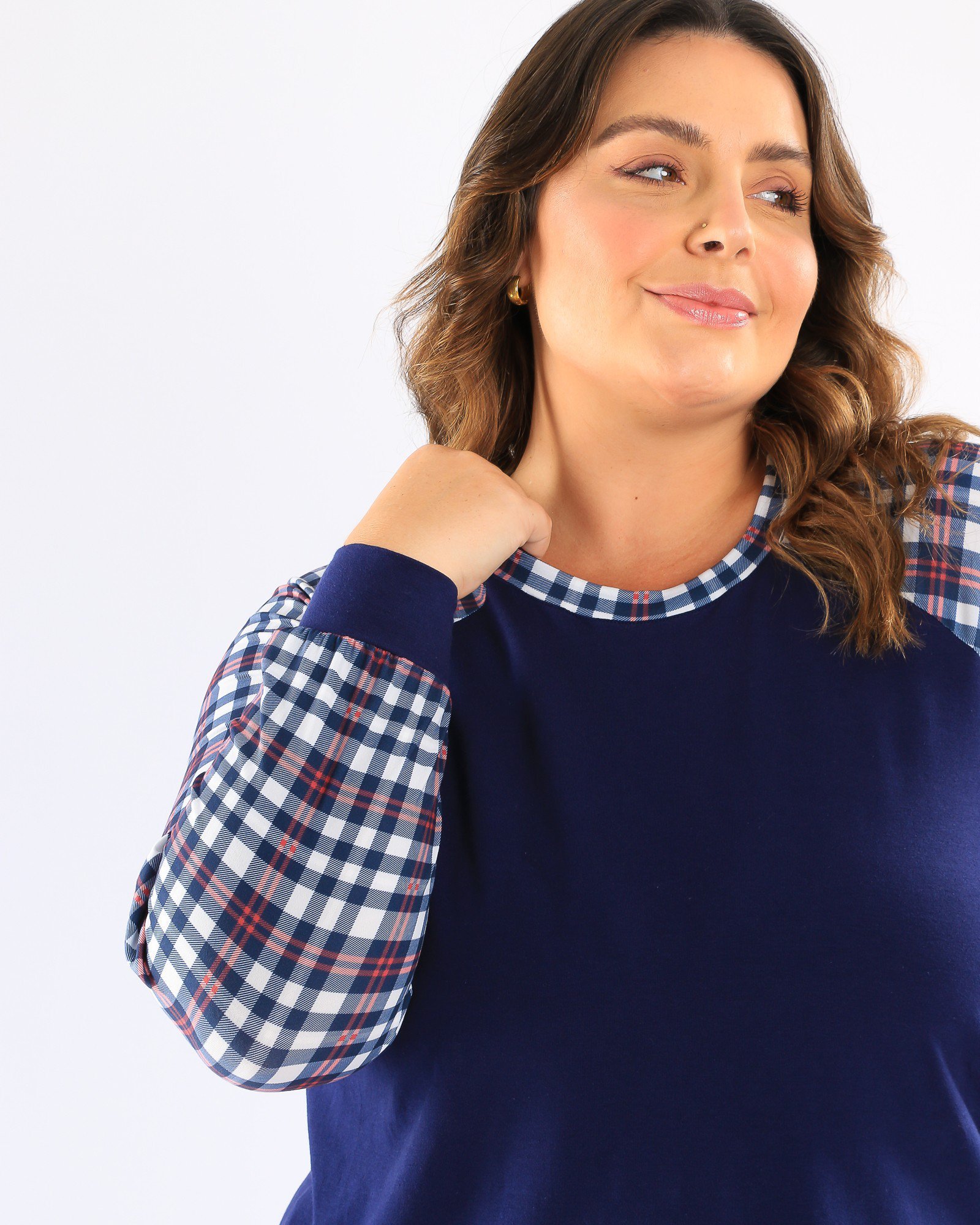 Pijama Longo Nina Plus Size - XADREZ MARINHO Azul