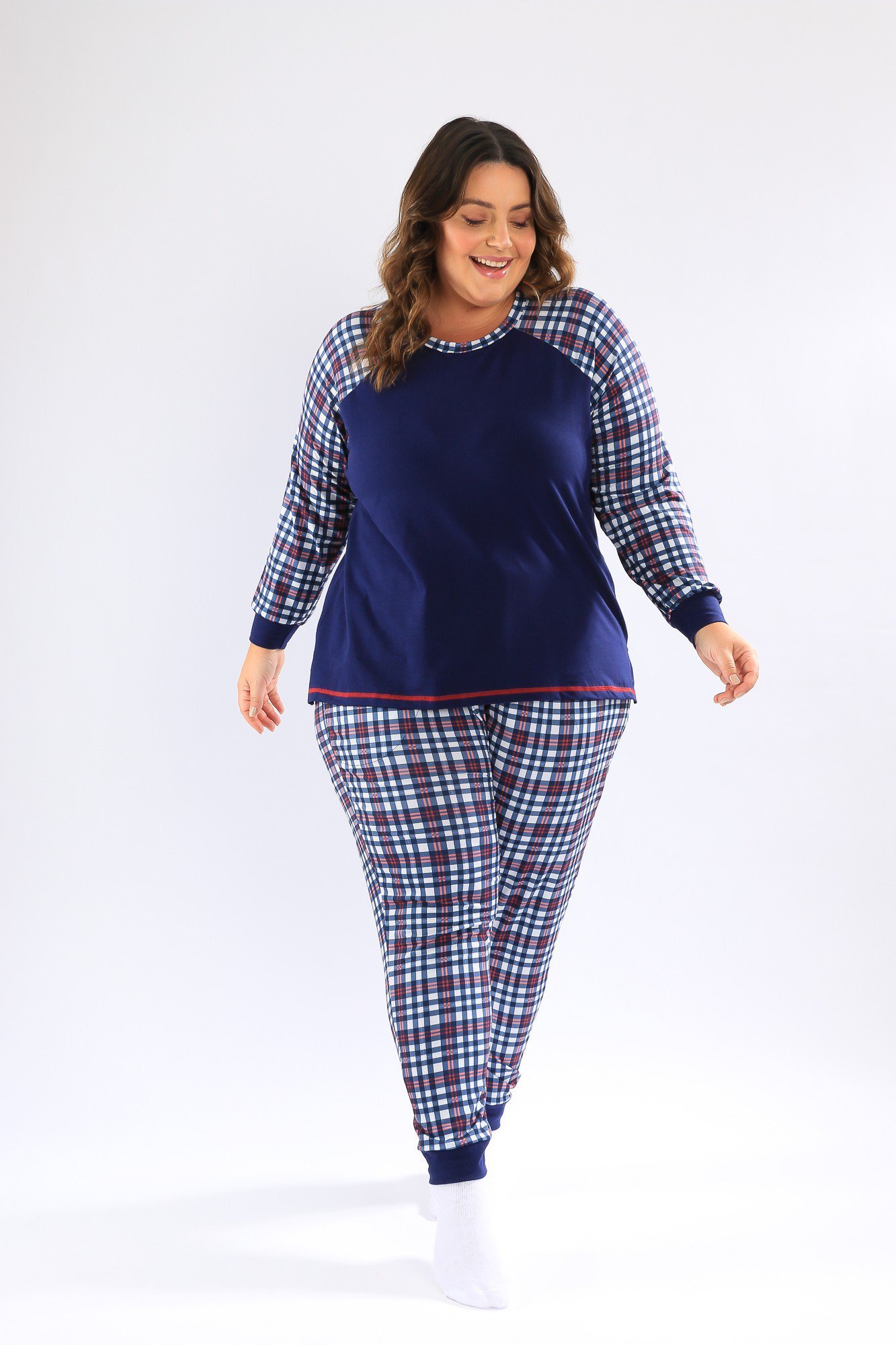 Pijama Longo Nina Plus Size - XADREZ MARINHO Azul