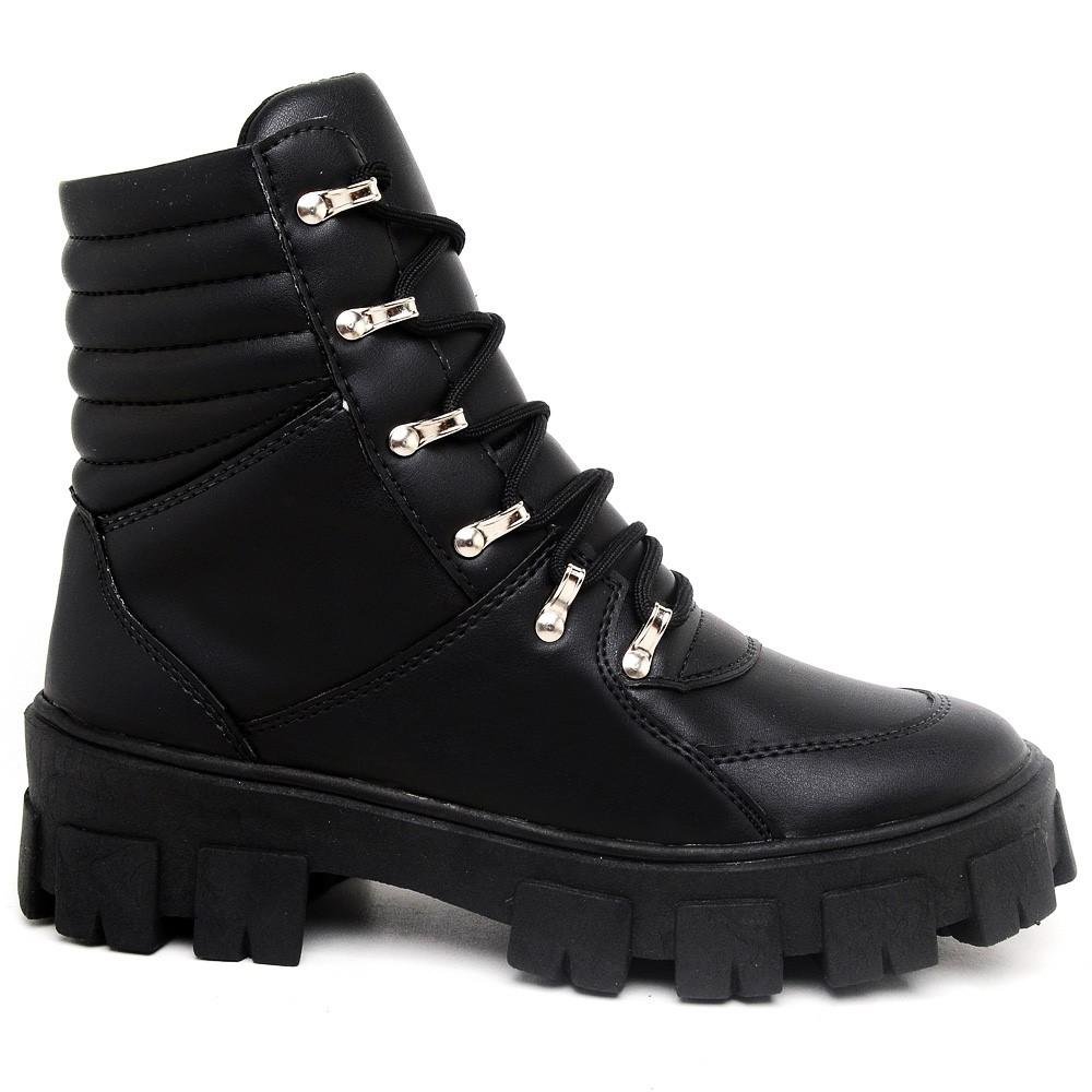 Bota Feminina Tratorada Cadarço Cano Médio Moderna Conforto Preto