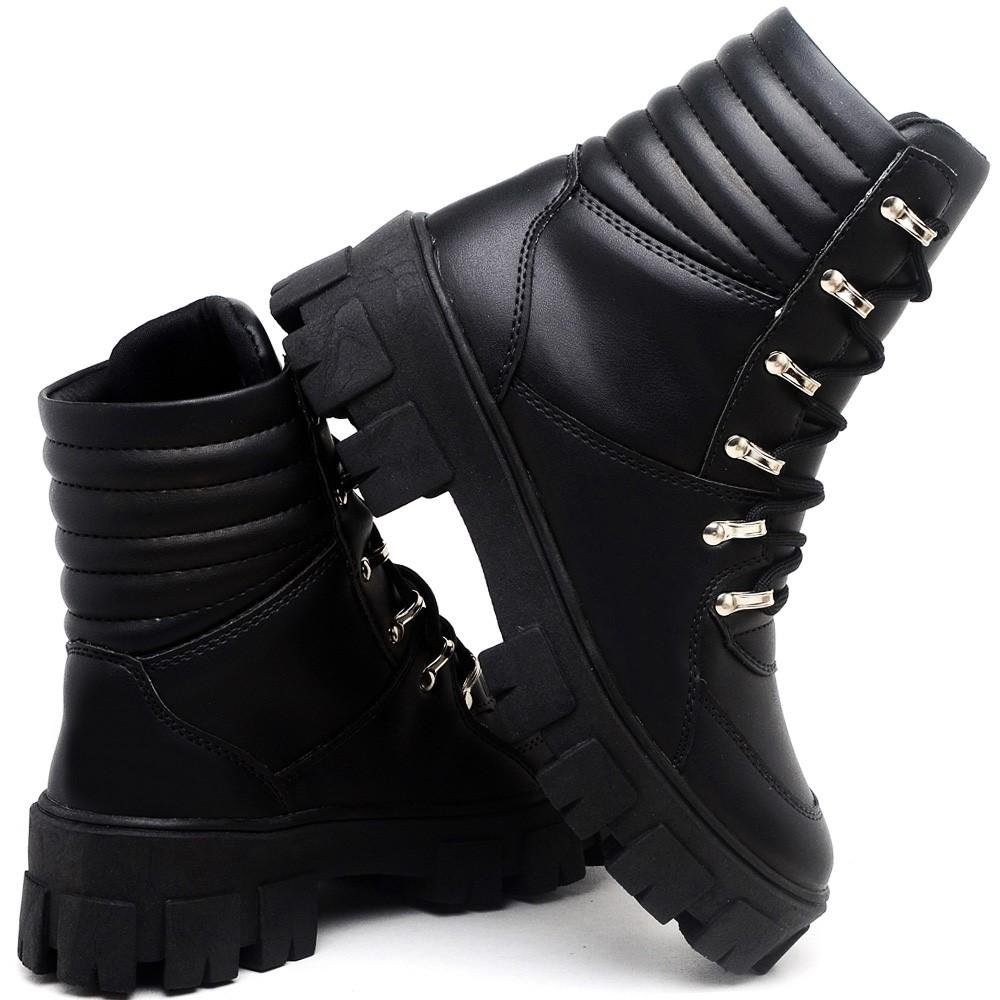 Bota Feminina Tratorada Cadarço Cano Médio Moderna Conforto Preto