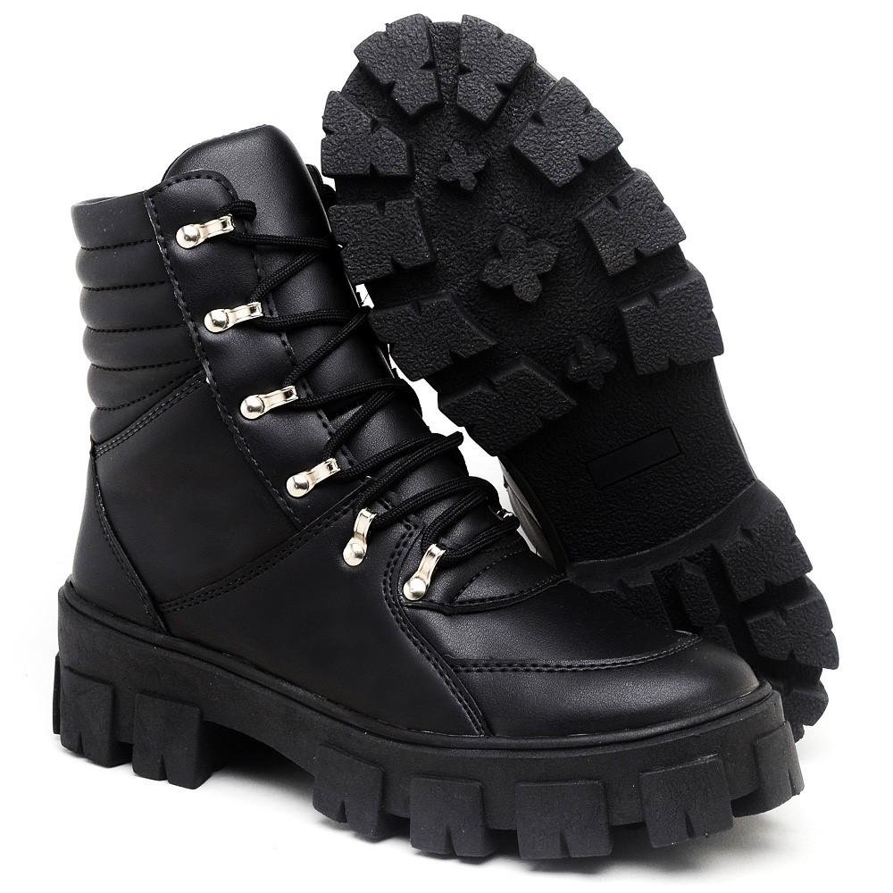 Bota Feminina Tratorada Cadarço Cano Médio Moderna Conforto Preto