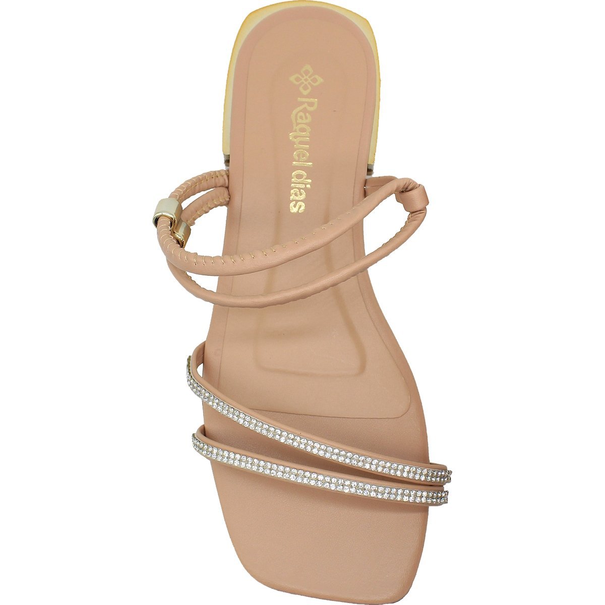 Sandália Rasteira Raquel Dias Dupla Tira Pedrarias Feminina Bege