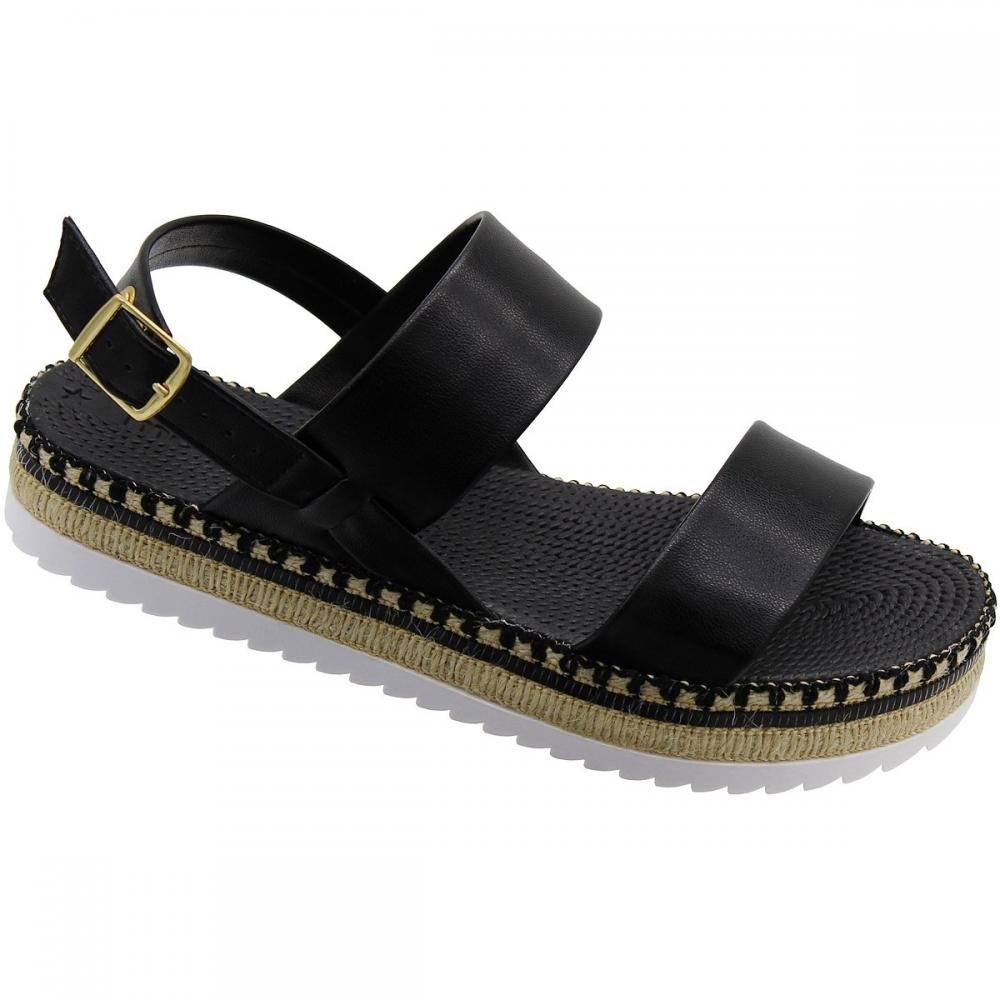 Sandália Plataforma Moleca Sisal Boho Cordas Salto Baixo Feminina Preto