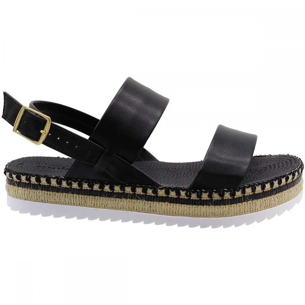 Sandália Plataforma Moleca Sisal Boho Cordas Salto Baixo Feminina Preto