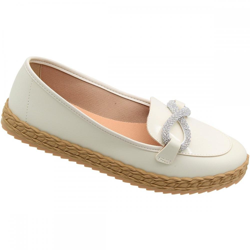 Sapatilha Mocassim Moleca Cabedal Strass Verniz Feminina Branco