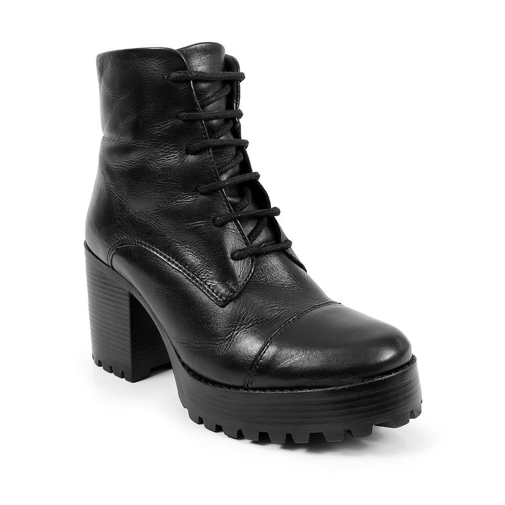Coturno Feminino Bota Couro Tratorado Salto Cadarço Estilo Marrom