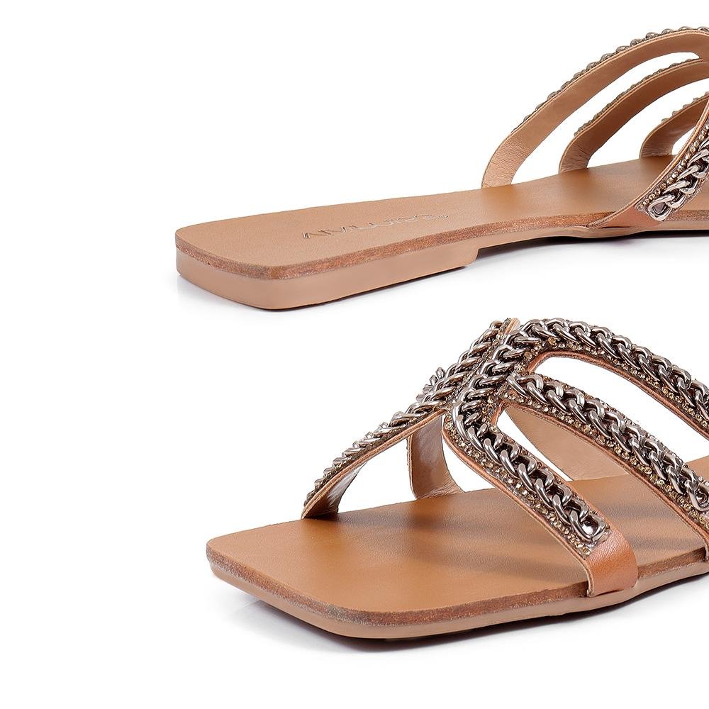 Rasteirinha Feminina Calce Fácil Tiras Strass Conforto Verão Marrom