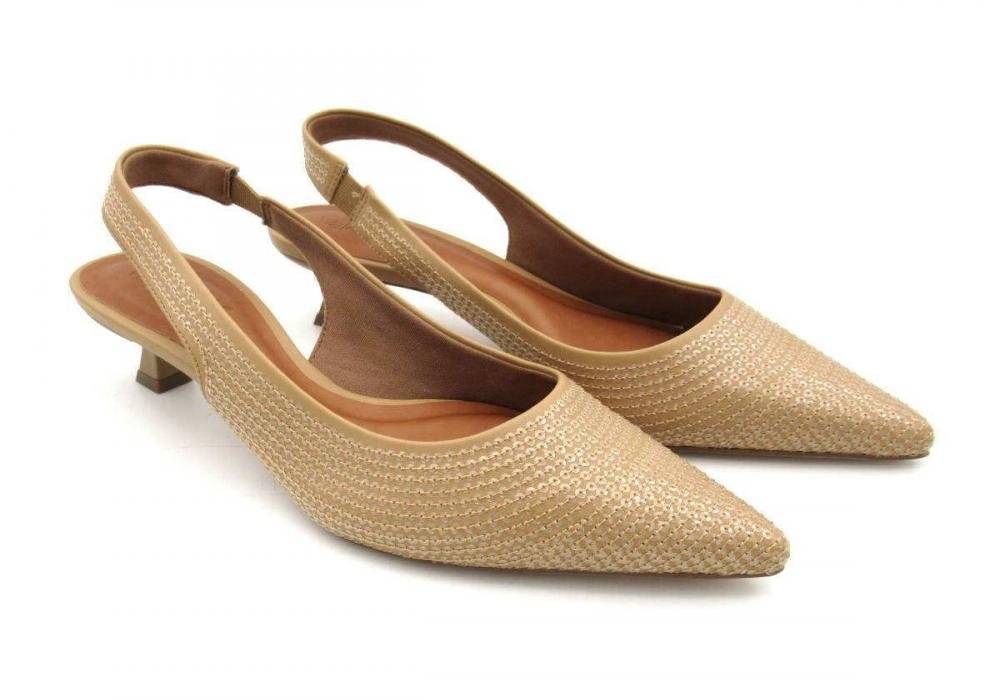 Sapato Scarpin Valentina Feminino 376019 Lantejoulas Bege