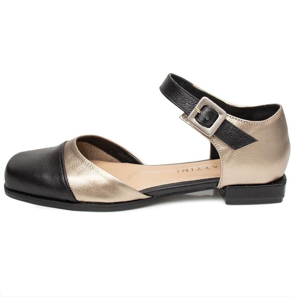 Sapato Pattini em Couro Aberto Preto e Ouro Preto