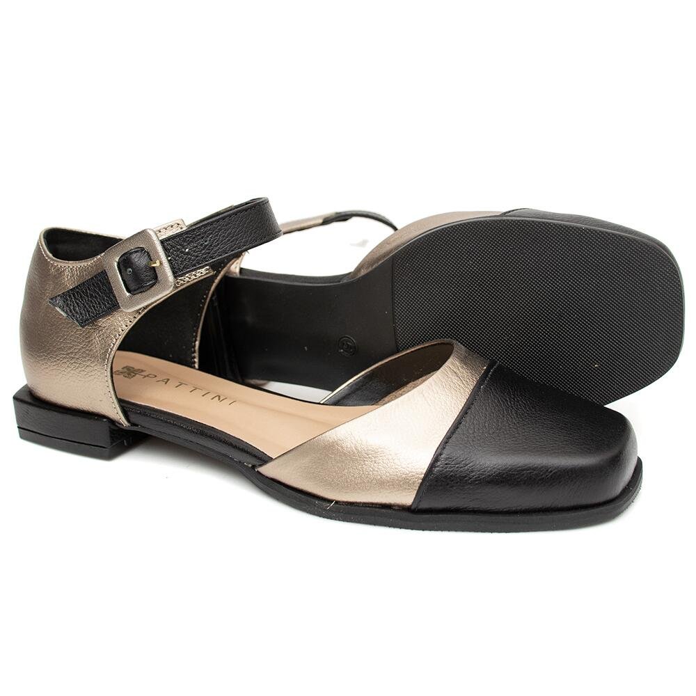 Sapato Pattini em Couro Aberto Preto e Ouro Preto