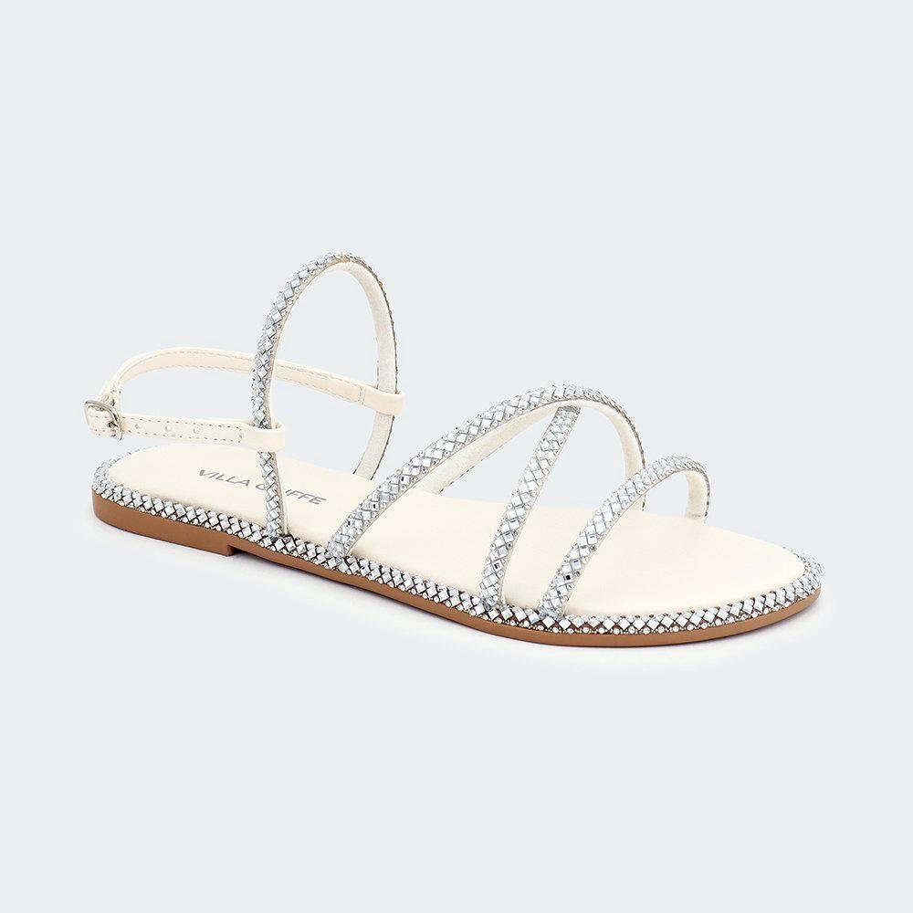 Sandália Rasteira Feminina Pedraria Cristal Luna Flat Branco