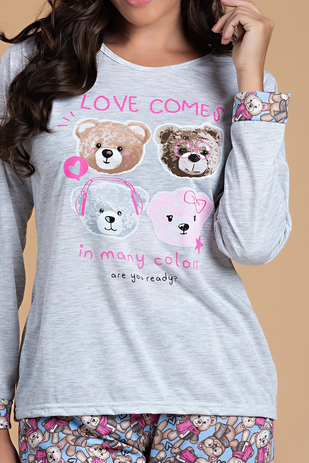 Pijama Feminino Ursinhos Love Mescla Cinza