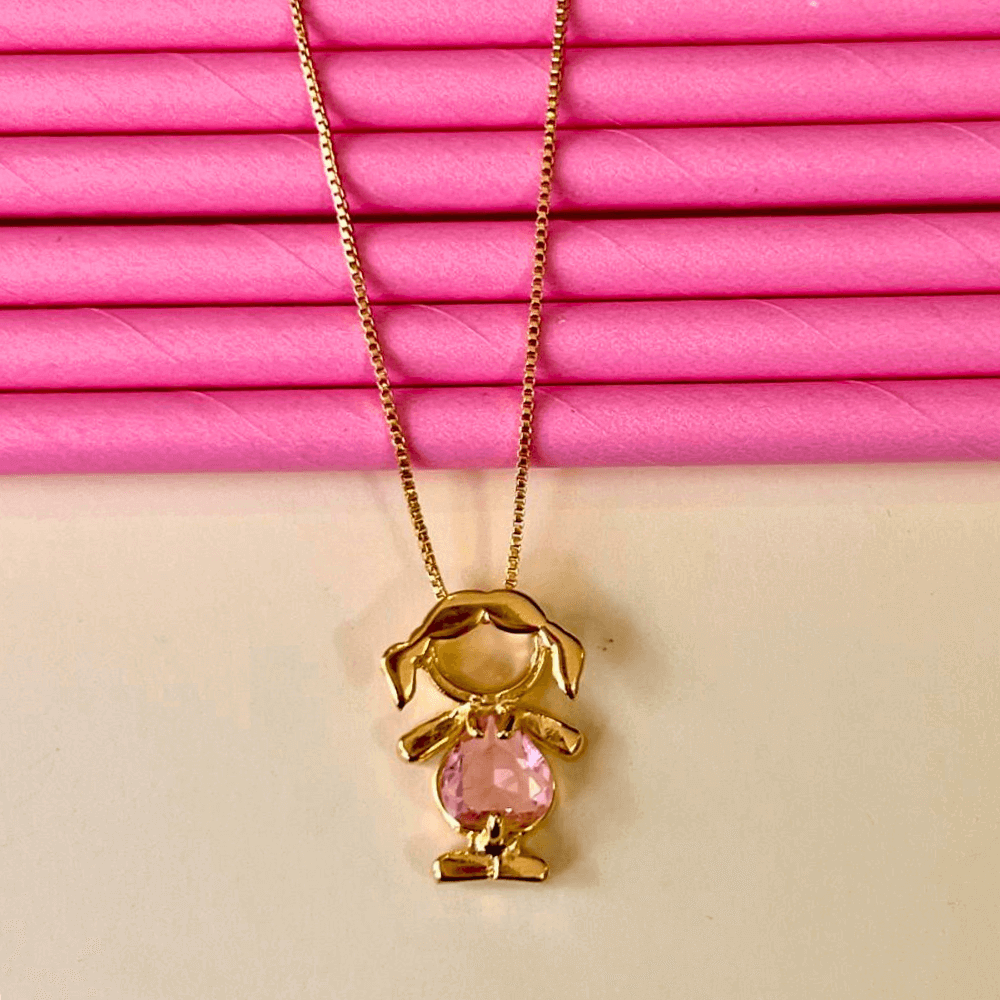 Colar Com Pingente de filha Menina com Cristal Rosa Banhado em Ouro 18k ...