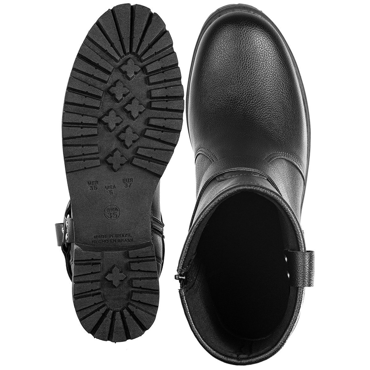 Bota Feminina Cano Curto Argola Zíper Biker Tratorada Tachas Preto